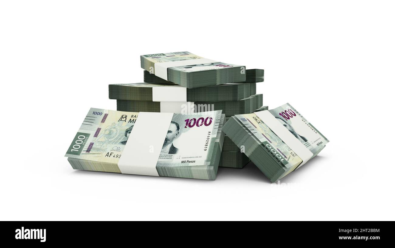 3d rendering of Stack of Mexican Peso notes. bundles of Mexican ...