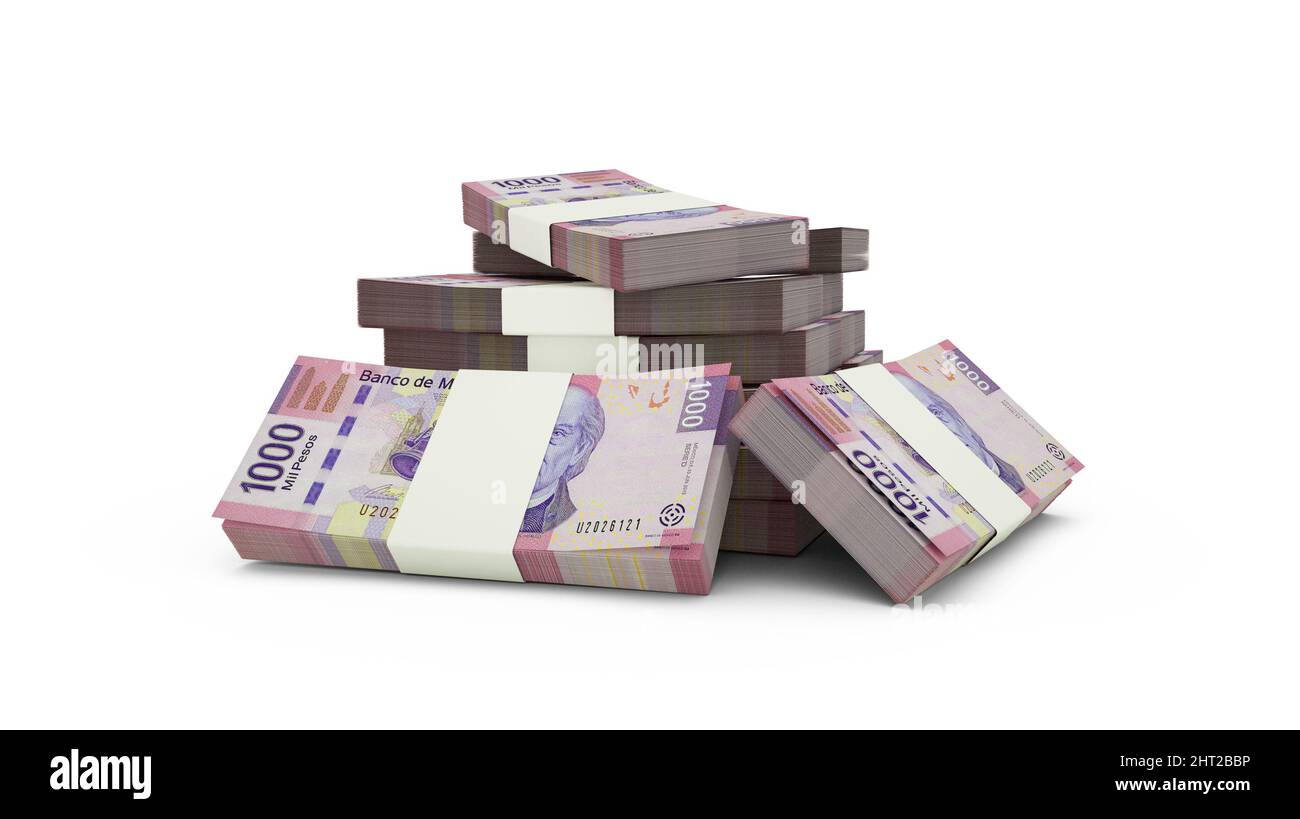 3d Rendering Of Stack Of Mexican Peso Notes Bundles Of Mexican Currency Notes Isolated On White