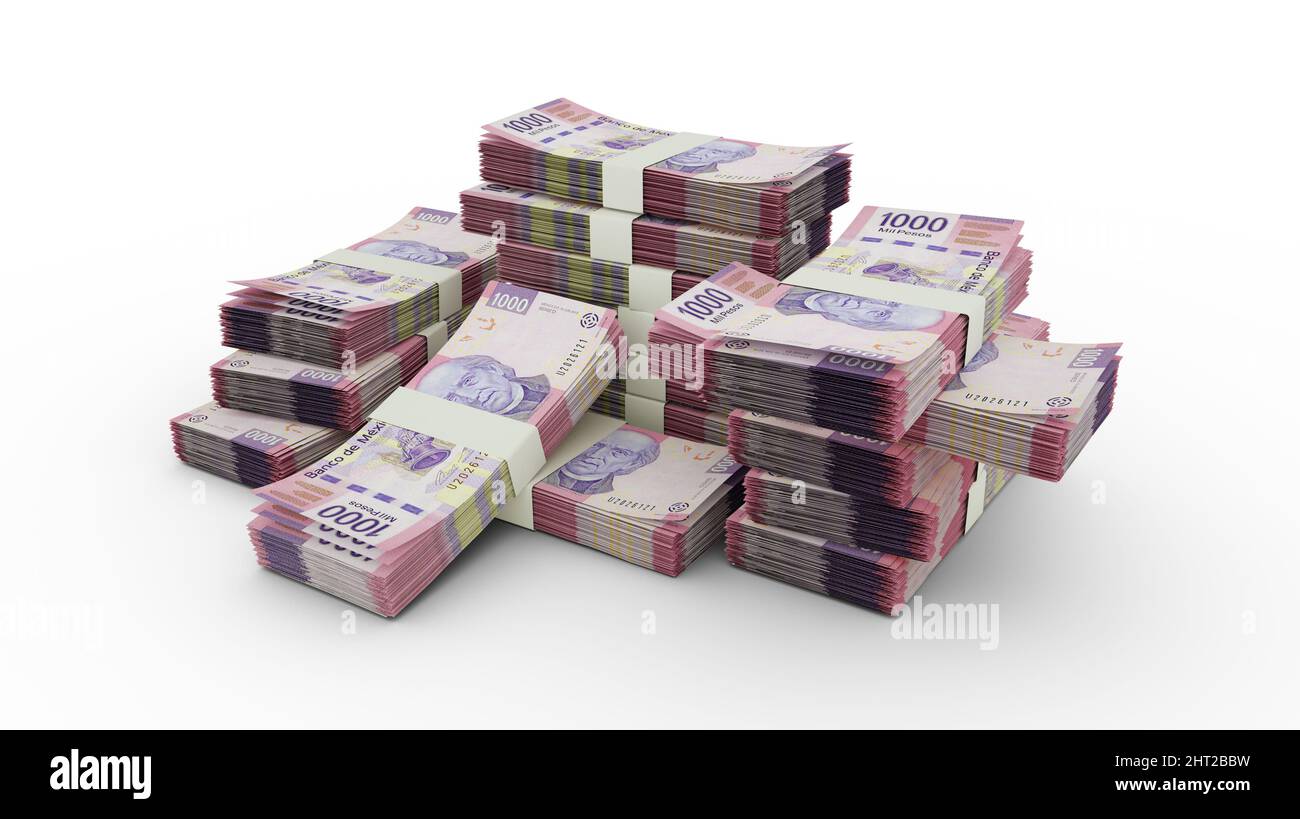 bundles of Mexican Peso notes. 3D rendering of bundles of banknotes ...