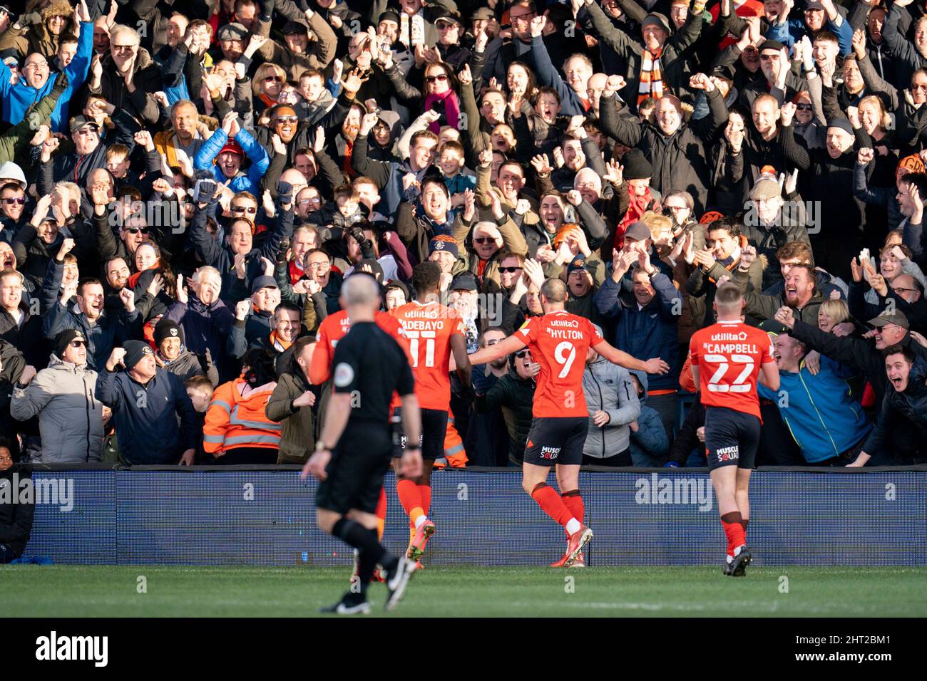 Danny Hylton #9 of Luton Town celebrates scoring a goal infront of the ...