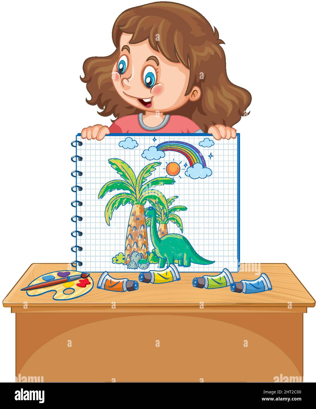 A girl holding notebook with a doodle sketch design on white background ...