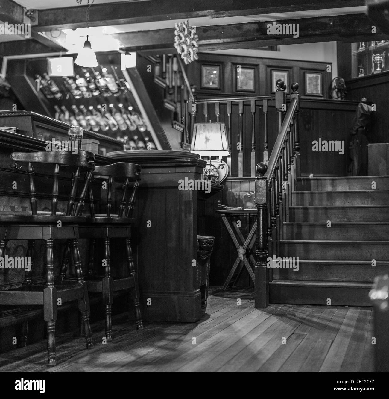 Grayscale of a bar interior Stock Photo - Alamy