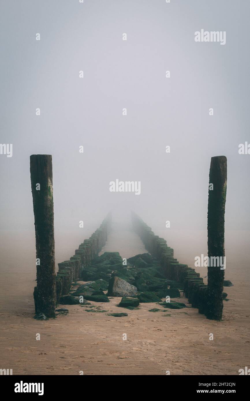 Rocks outlining a path in a beach disappearing in the fog Stock Photo ...