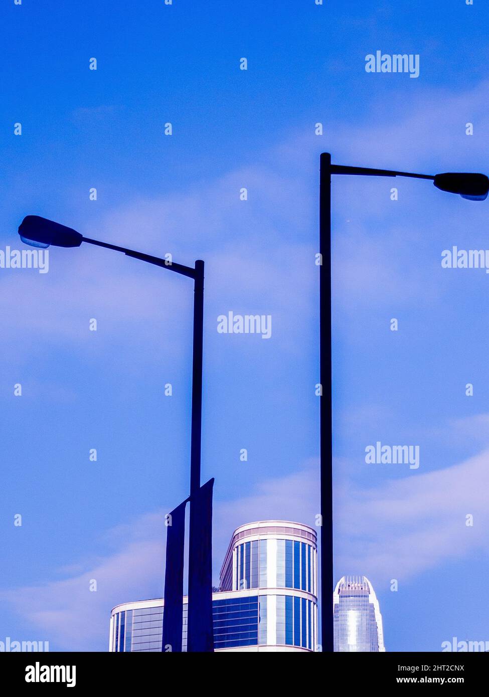 Silhouette of street lamps against the blue sky and a modern building ...