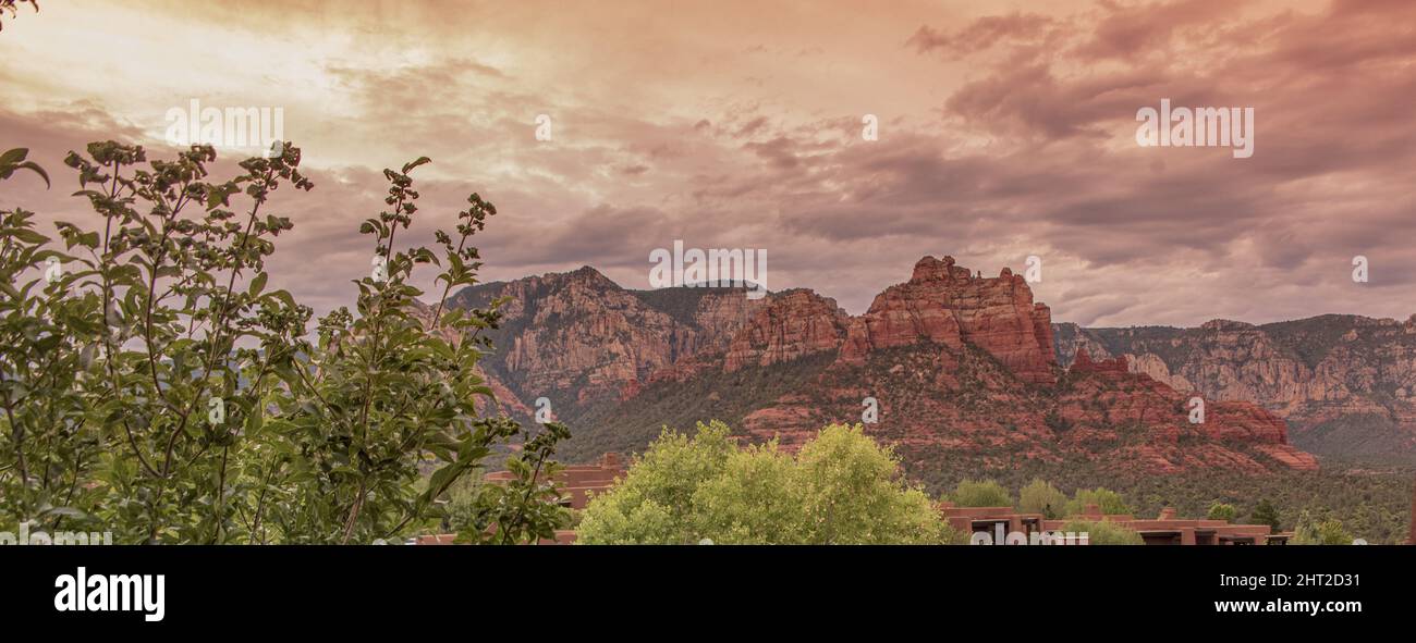 Scenic view of the city of Sedona in Arizona on cloudy sky background ...