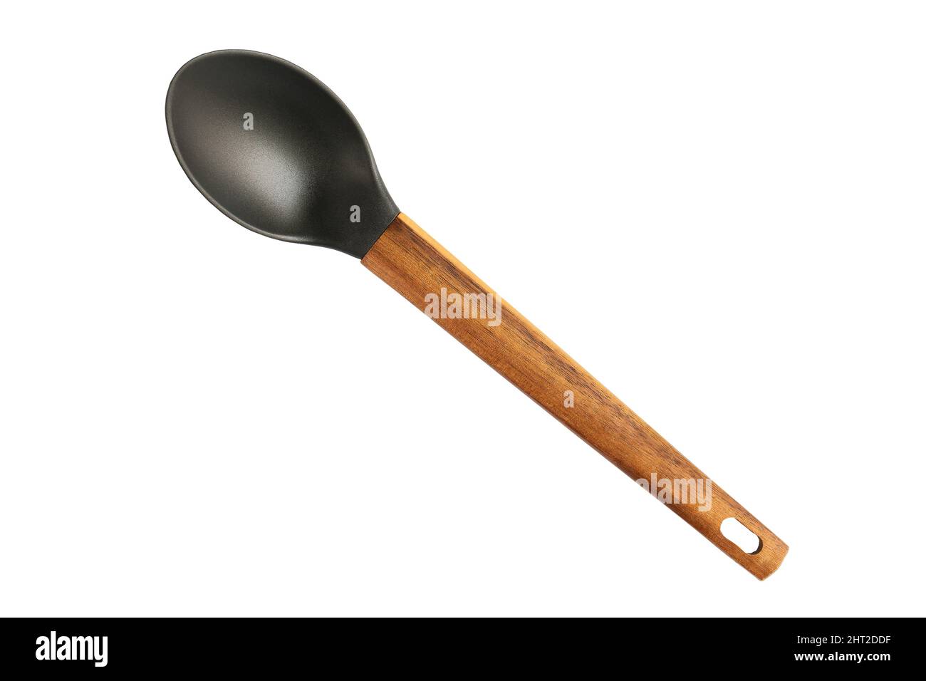 Plastic kitchen spoon with wooden handle isolated on white Stock Photo ...