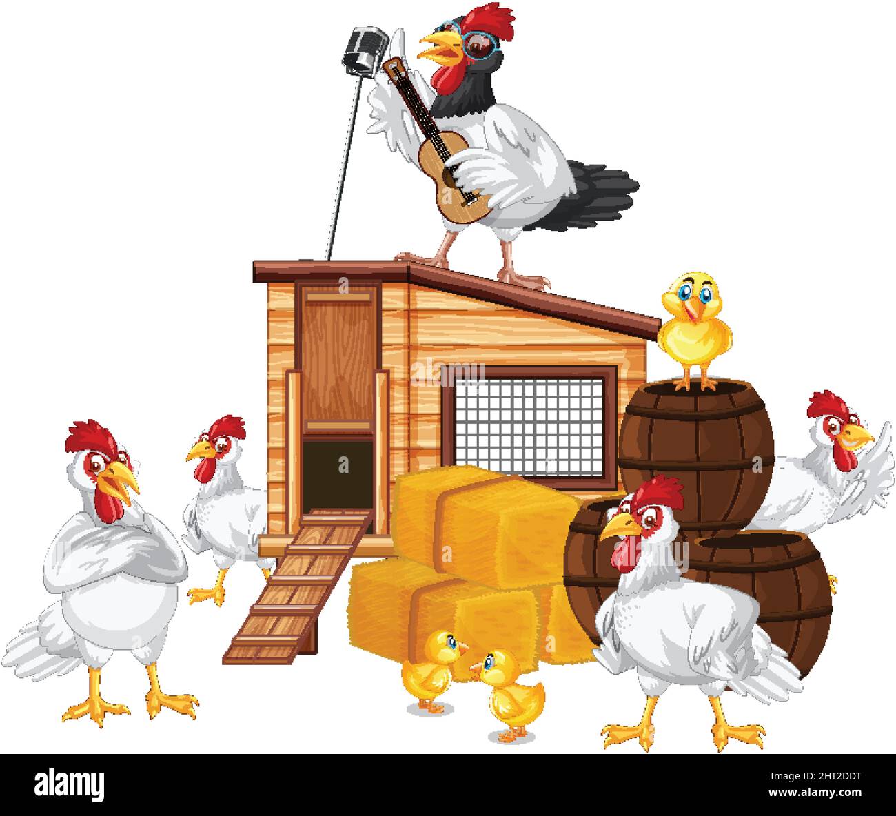 An isolated scene with a group of chickens in cartoon style ...