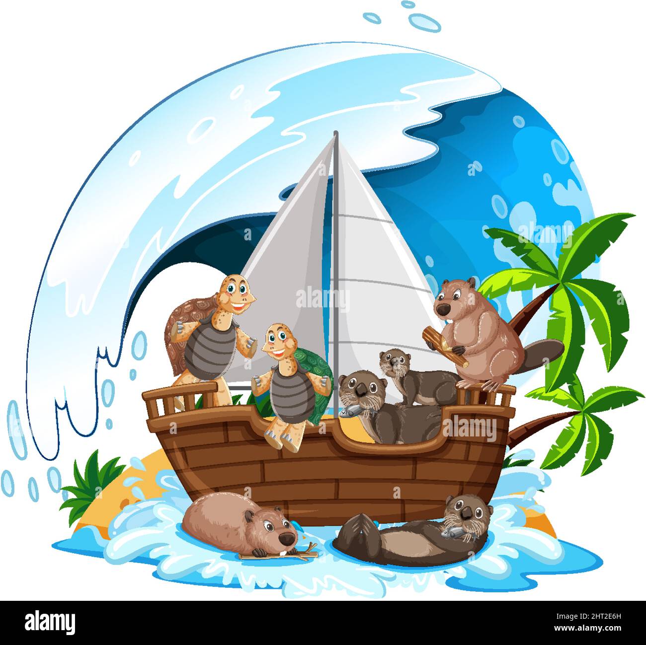 Wild animals on sailboat with ocean wave illustration Stock Vector ...