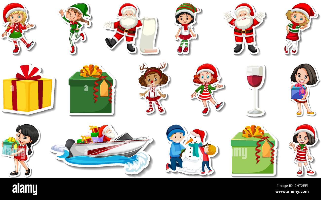 Set of Christmas objects and cartoon characters illustration Stock ...