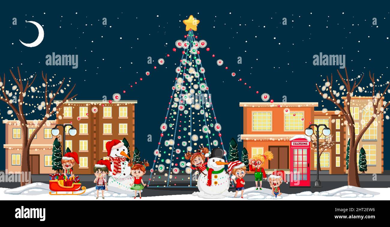 Children celebrating Christmas in the town at night scene illustration ...