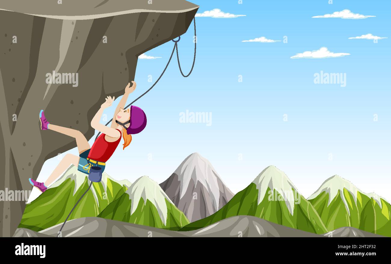 Rock climbing scene with woman climbing alone illustration Stock Vector ...