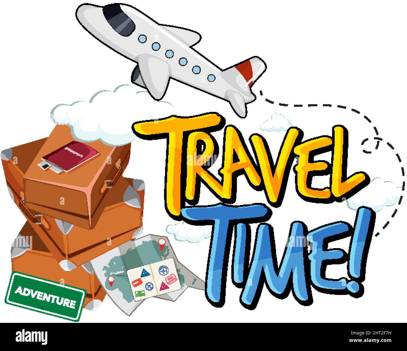 Travel Time typography design with luggages and airplane illustration ...