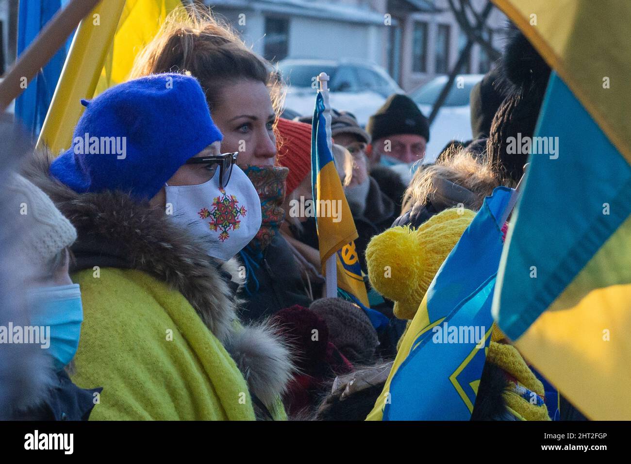 Toronto, ON, Canada – February 25, 2022: Protestors with banners and ...