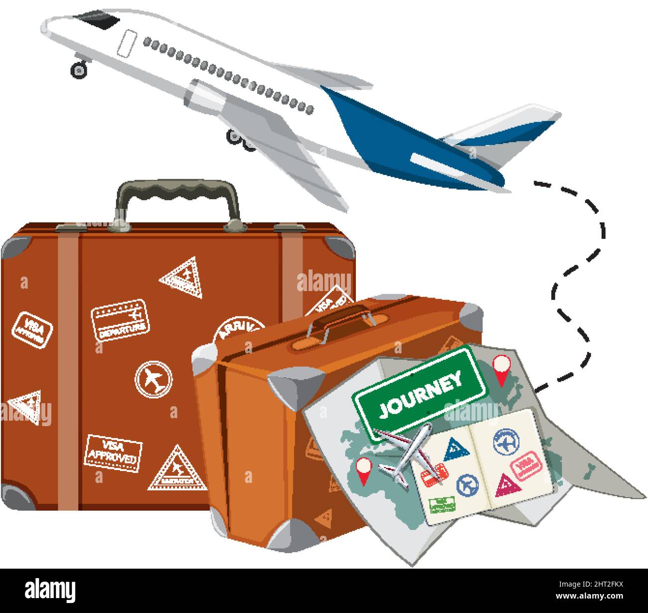 Travelling objects with airplane on white background illustration Stock ...