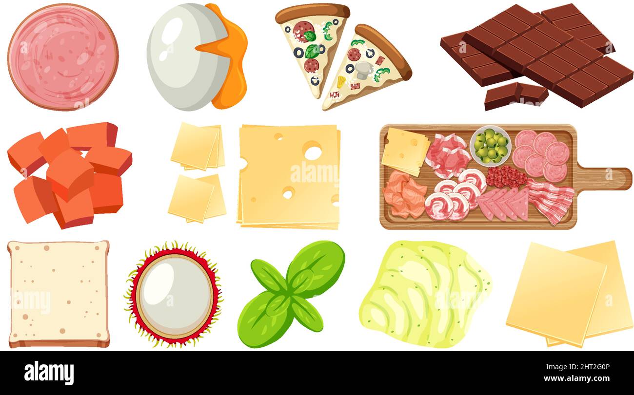Collection of food ingredients on white background illustration Stock ...