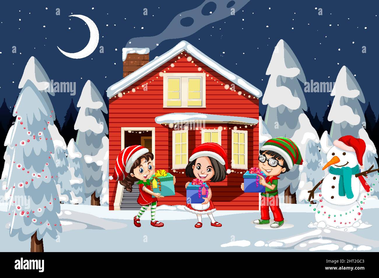 Christmas winter scene with happy children and snowman illustration ...