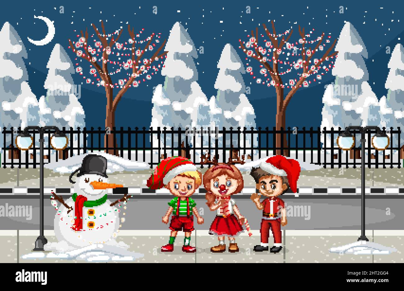 Winter park outdoor scene with children in Christmas costumes ...