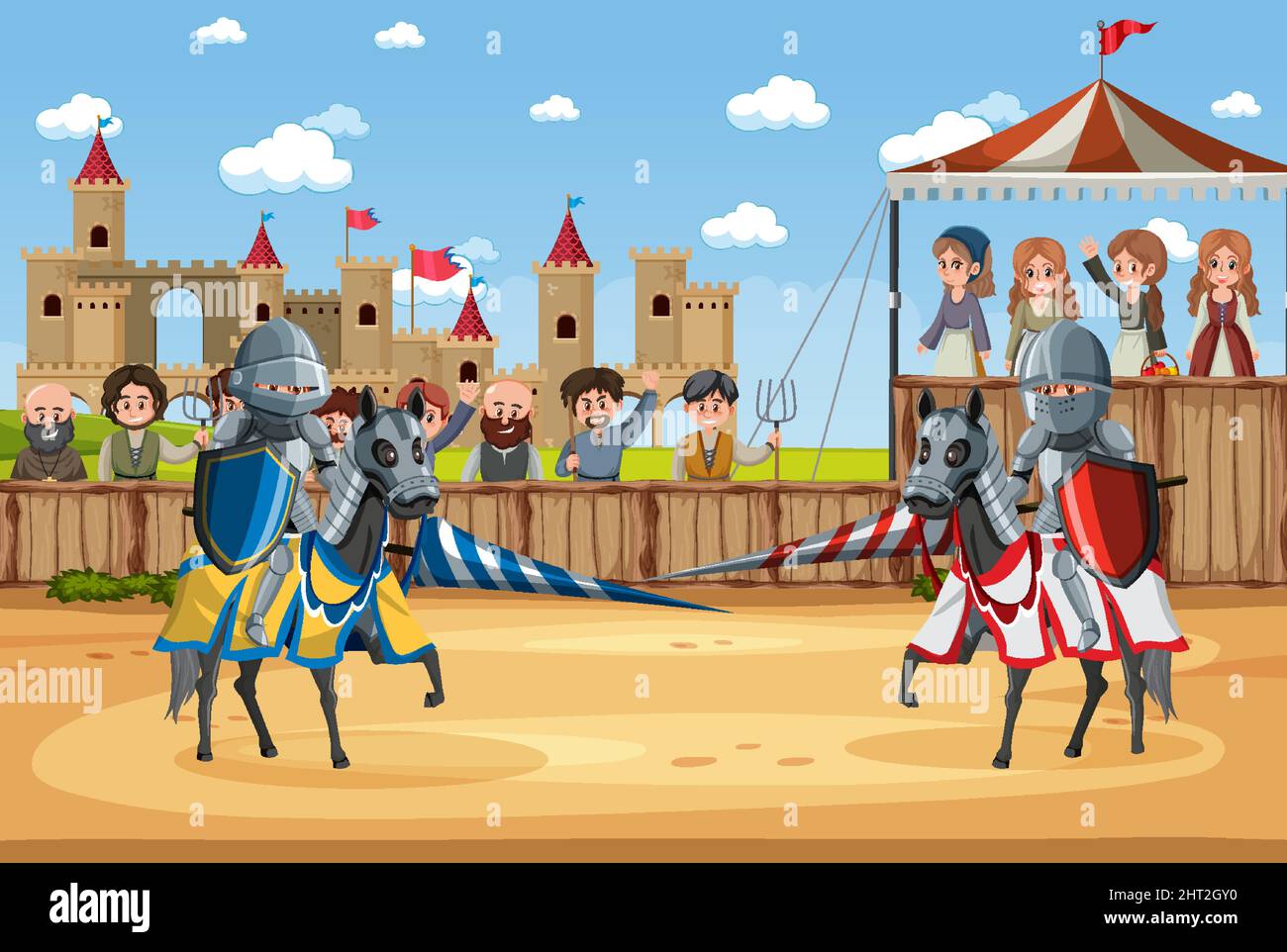 Medieval knight jousting tournament scene illustration Stock Vector ...