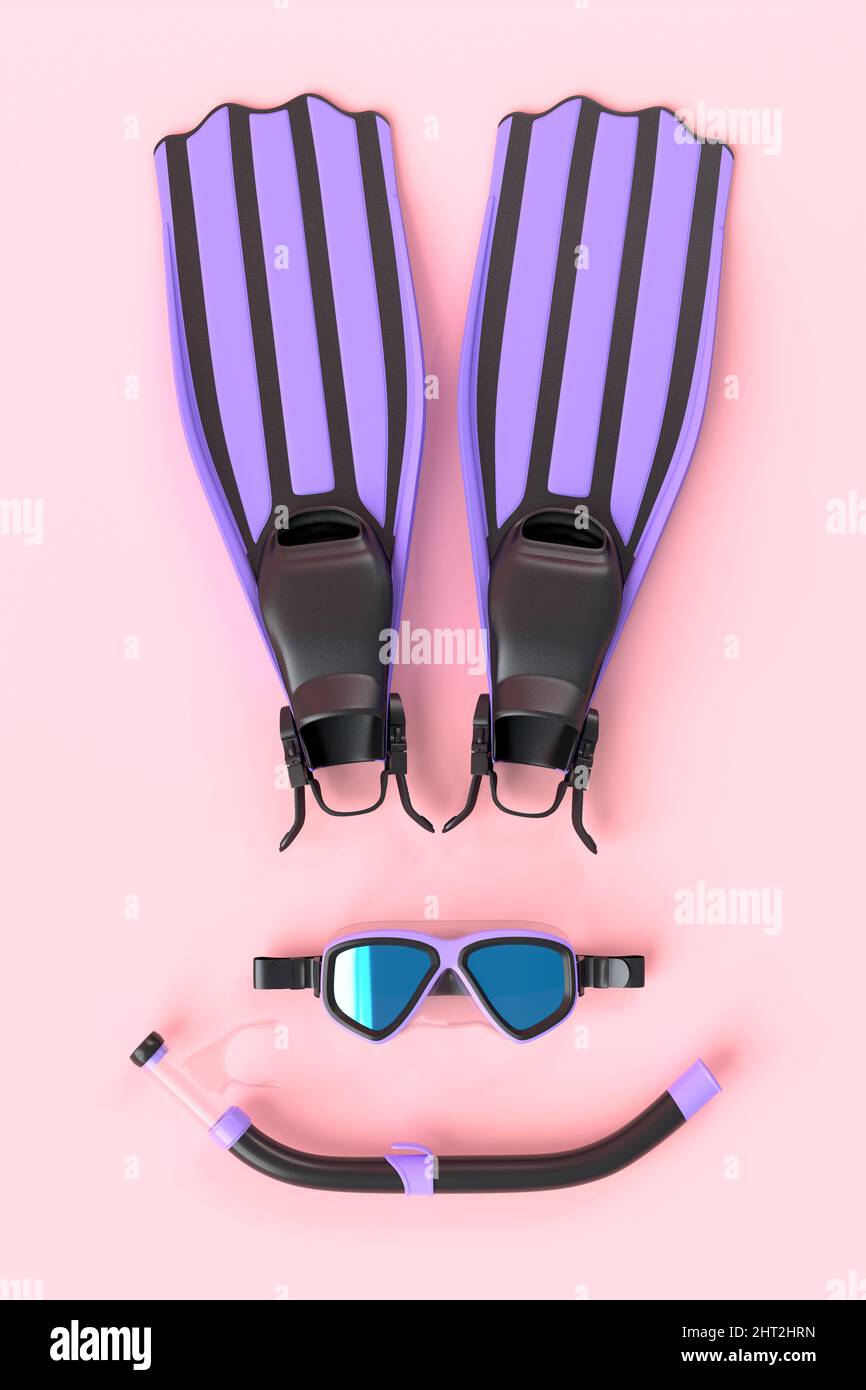 Colorful scuba mask, flippers and snorkeling tube on pink background ...