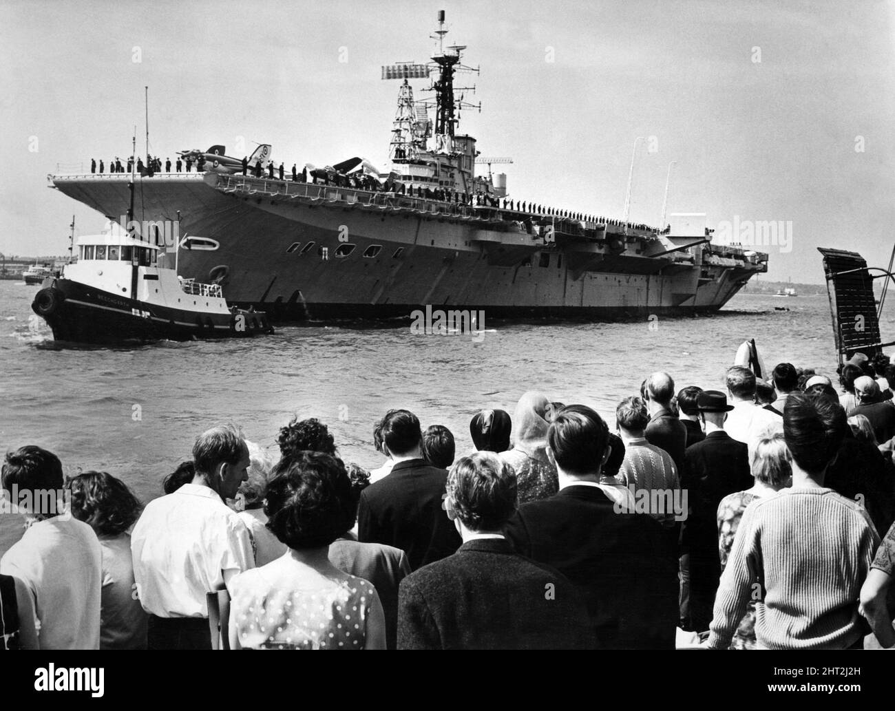 The aircraft carrier HMS Centaur arriving at Prince's Landing Stage ...