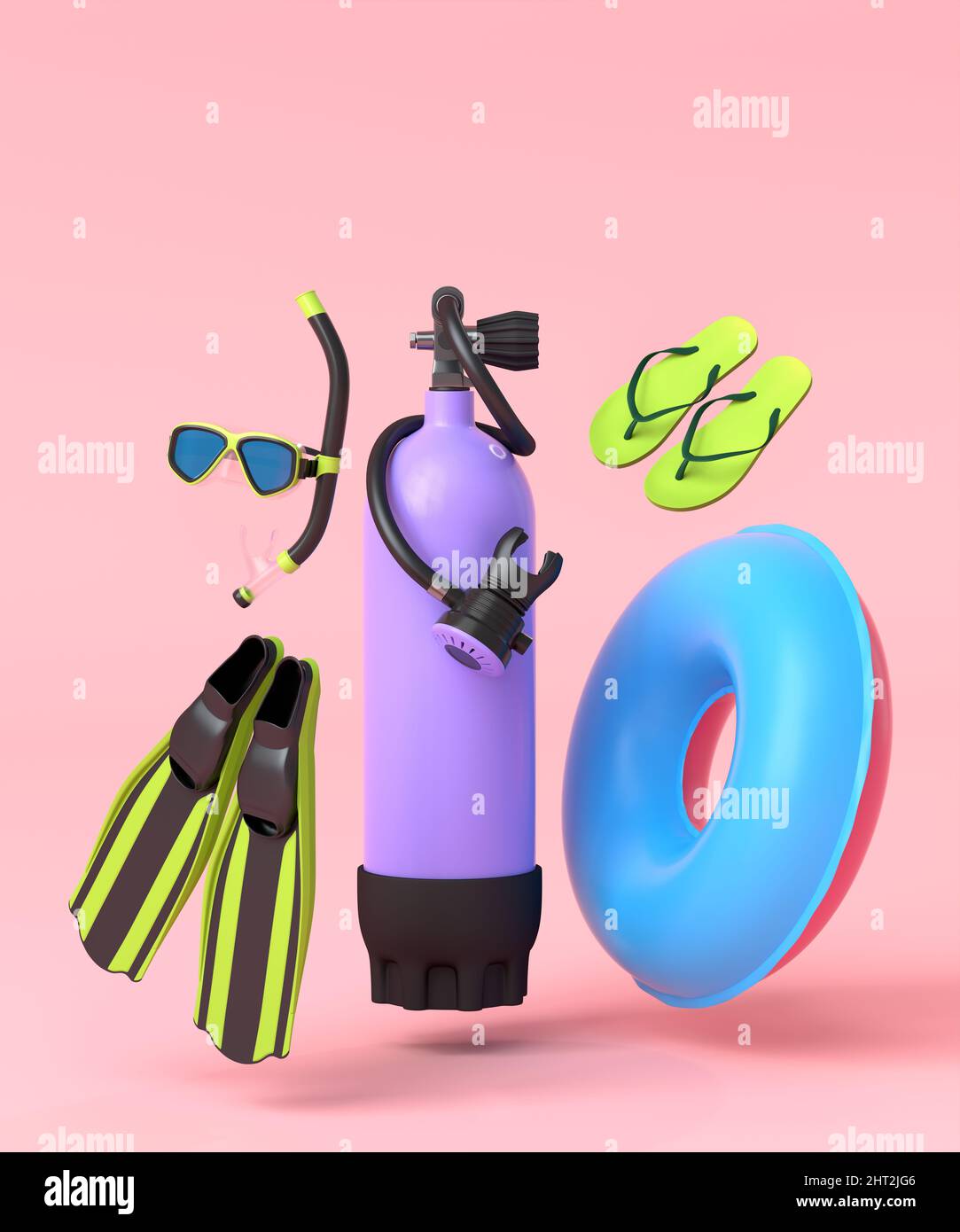 Colorful scuba stuff and beach accessories like umbrella, flip flops ...