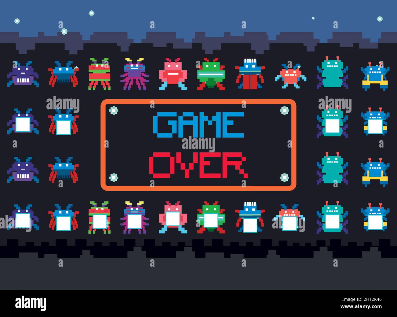 Pixel space game interface with game over button illustration Stock ...