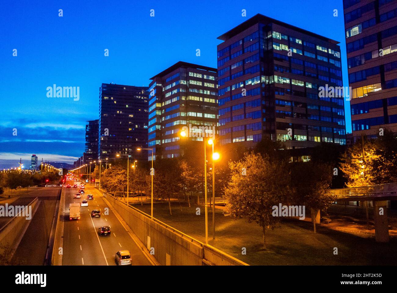 Barcelona, Spain, New Neighborhood, Office Buildings Lit up at Night, office night building ...