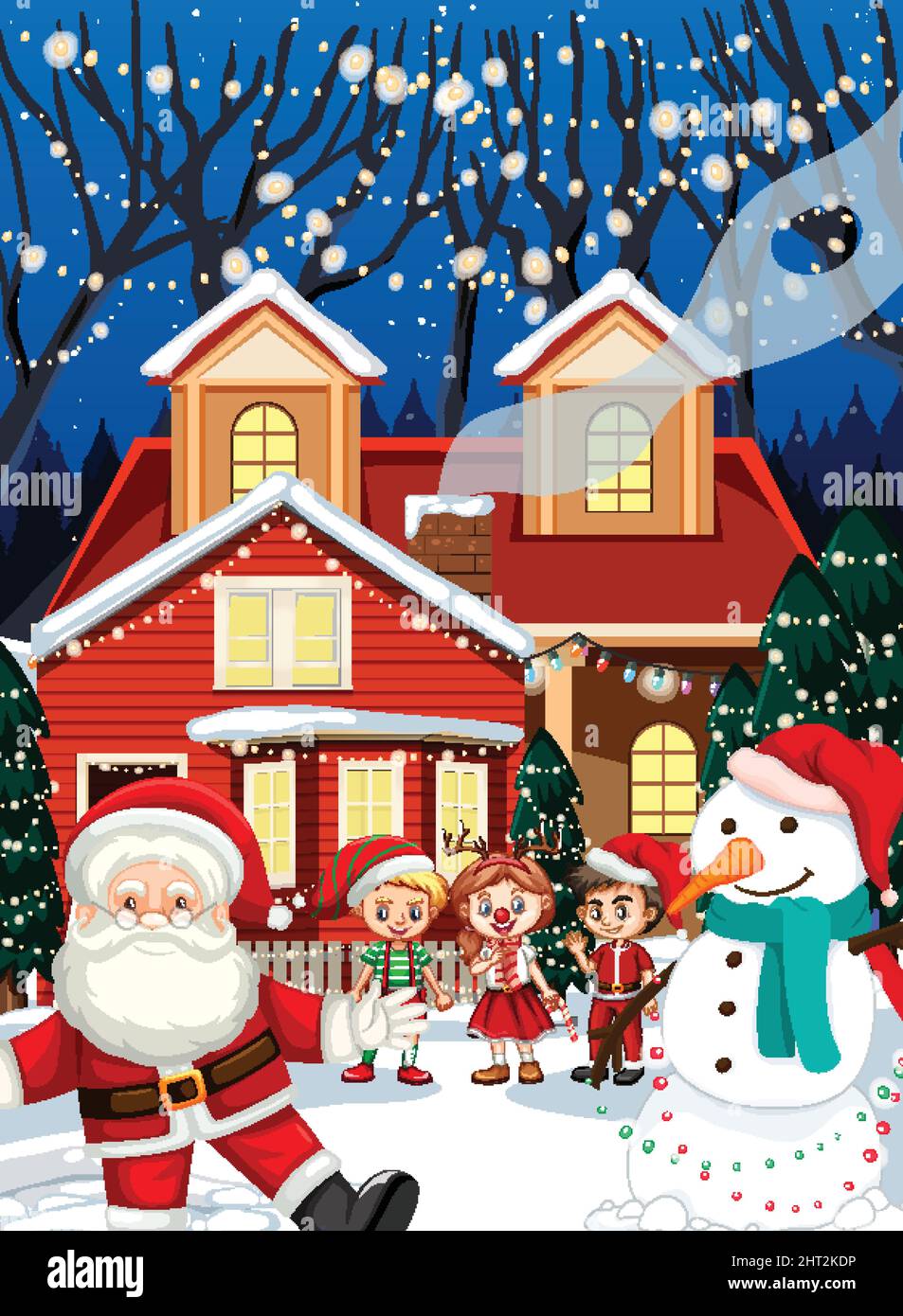Christmas winter scene with Santa Claus and children illustration Stock ...