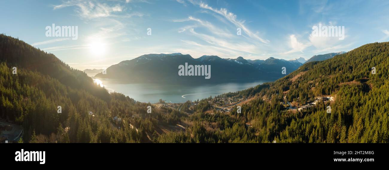 Aerial Panoramic View of Britannia Beach during winter evening before ...