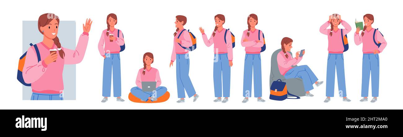 Female student character with different study poses set, cute teen girl ...