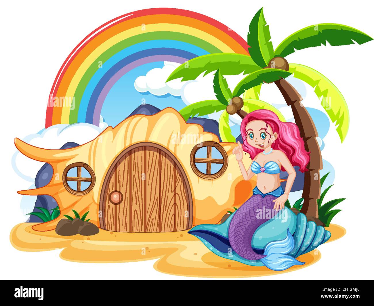 Shell house on island with mermaid illustration Stock Vector Image ...