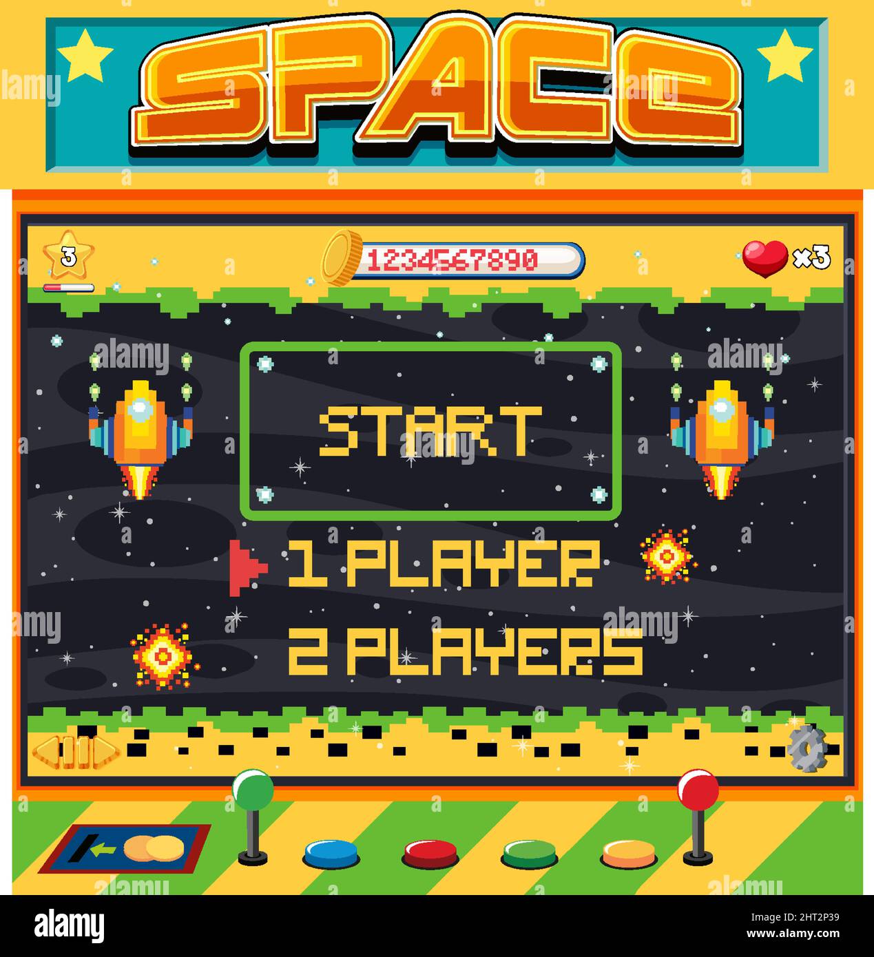 Pixel space game interface with start button illustration Stock Vector ...