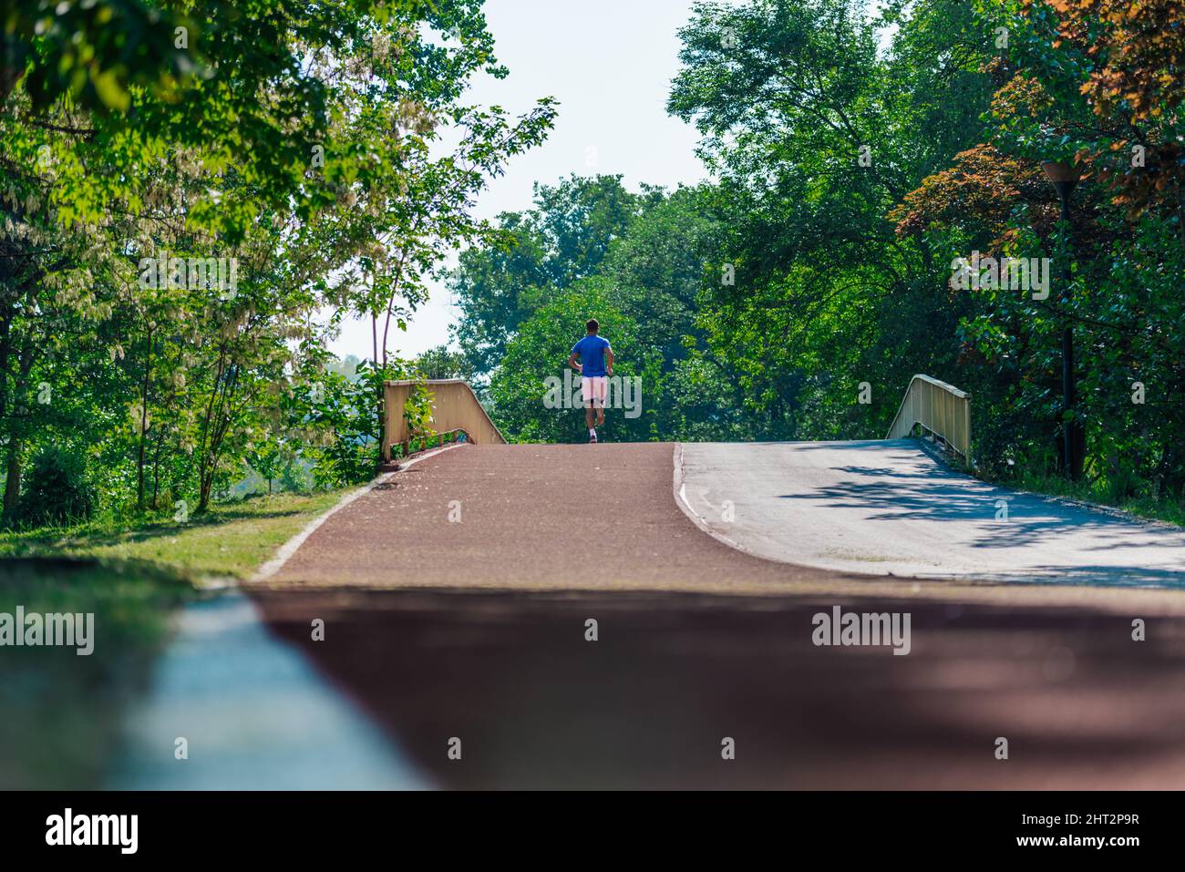 Athletic young man running on the race track in a sports park Stock ...
