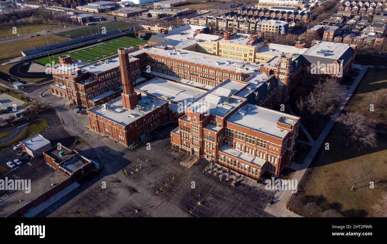Aerial view of Lane Tech College campus. Chicago, Illinois, United ...