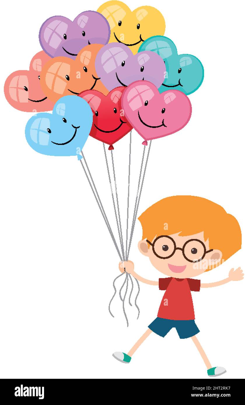Little boy holding many heart balloons illustration Stock Vector Image ...