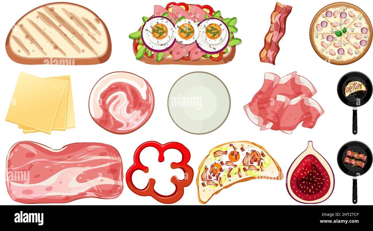 Collection of food ingredients on white background illustration Stock ...