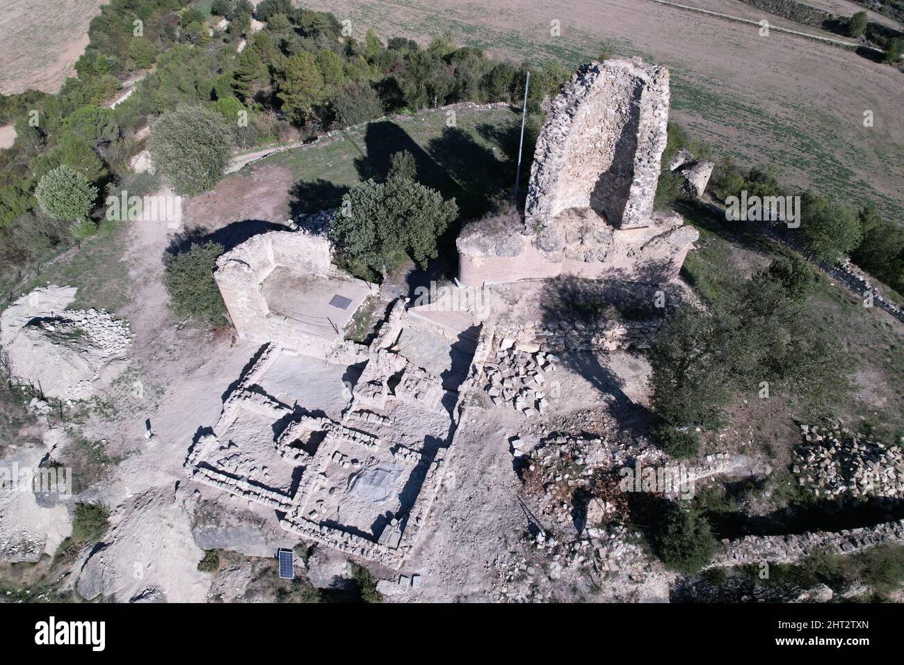 Aerial view of ruins of the Calders Castle, in the municipality of ...