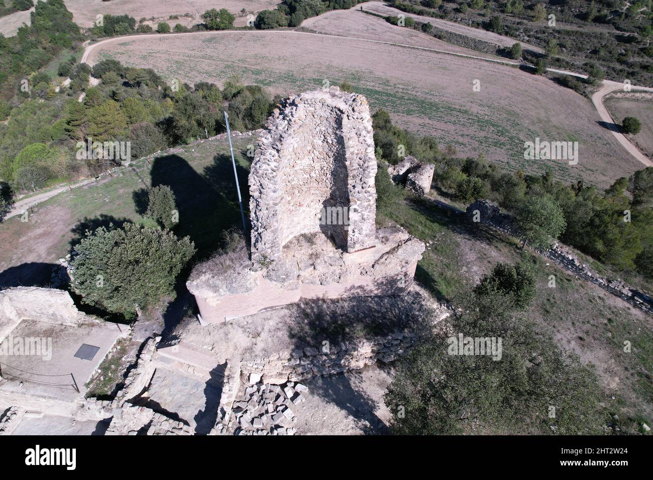 Aerial view of ruins of the Calders Castle, in the municipality of ...