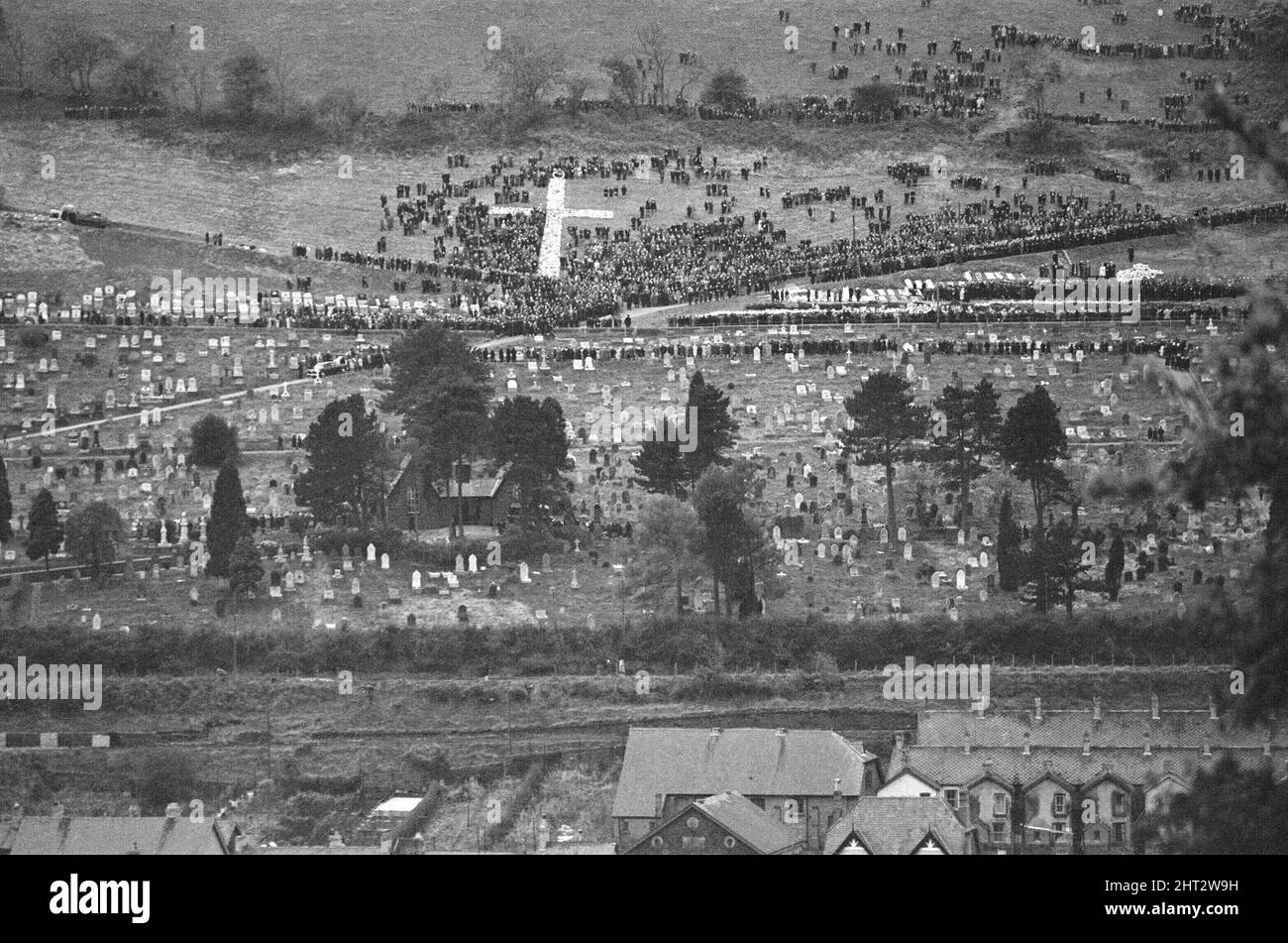 Aberfan - 27th October 1966 The huge cross of wreaths on the Aberfan ...