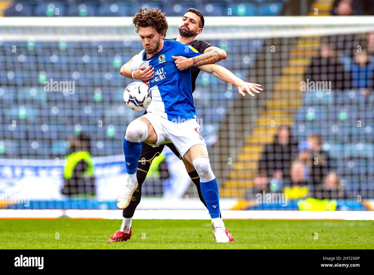 Sam Gallagher #9 of Blackburn Rovers challenged by the opponent Stock ...