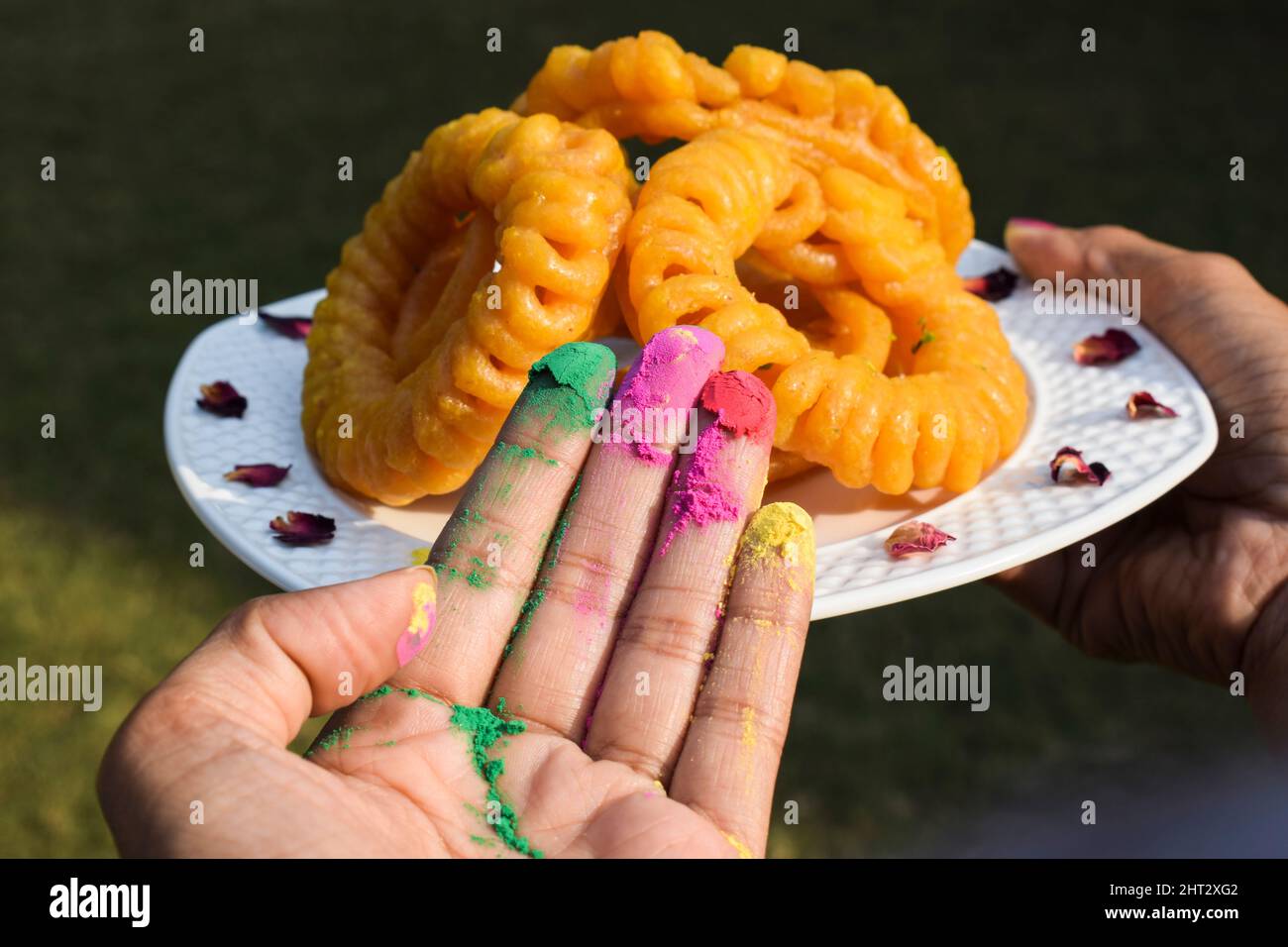 Female holding Imarti sweets, popular sweet dish from India. Circular ...