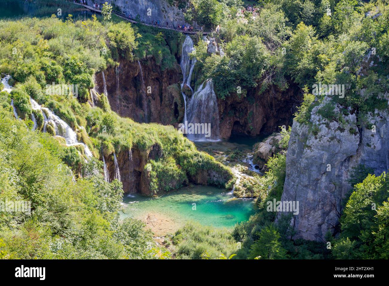 Beautiful view of waterfall and trees in the Plitvice Lakes National ...
