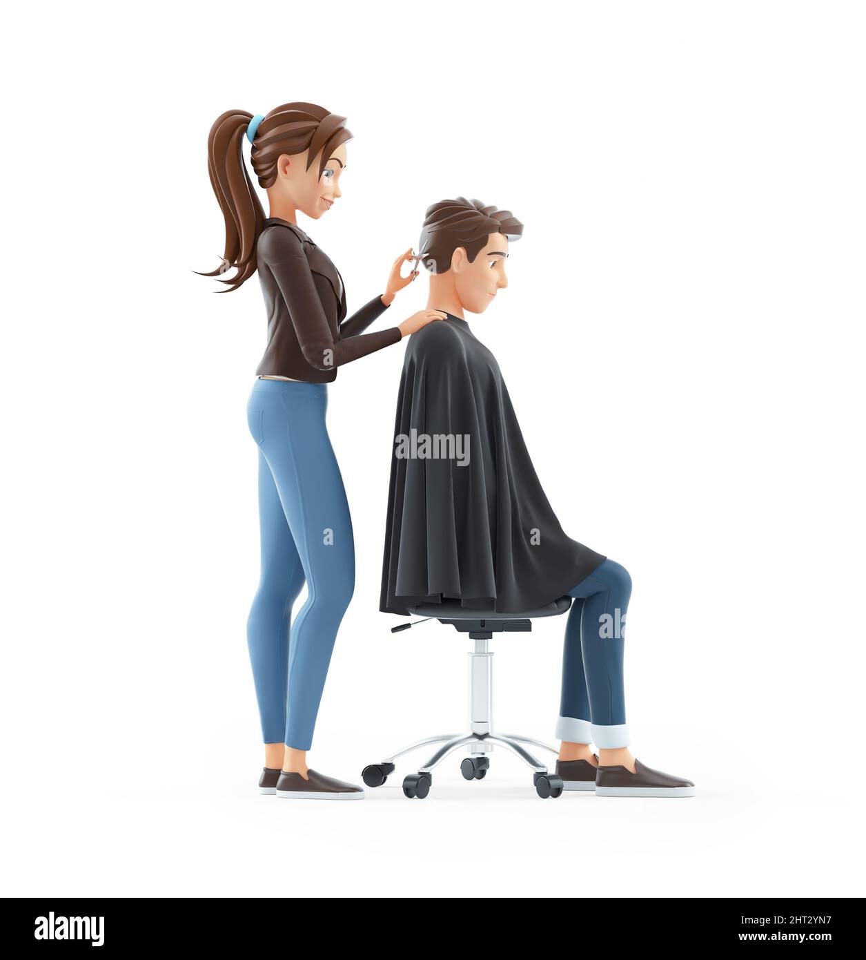 3d cartoon woman cutting man hair with scissor, illustration isolated ...
