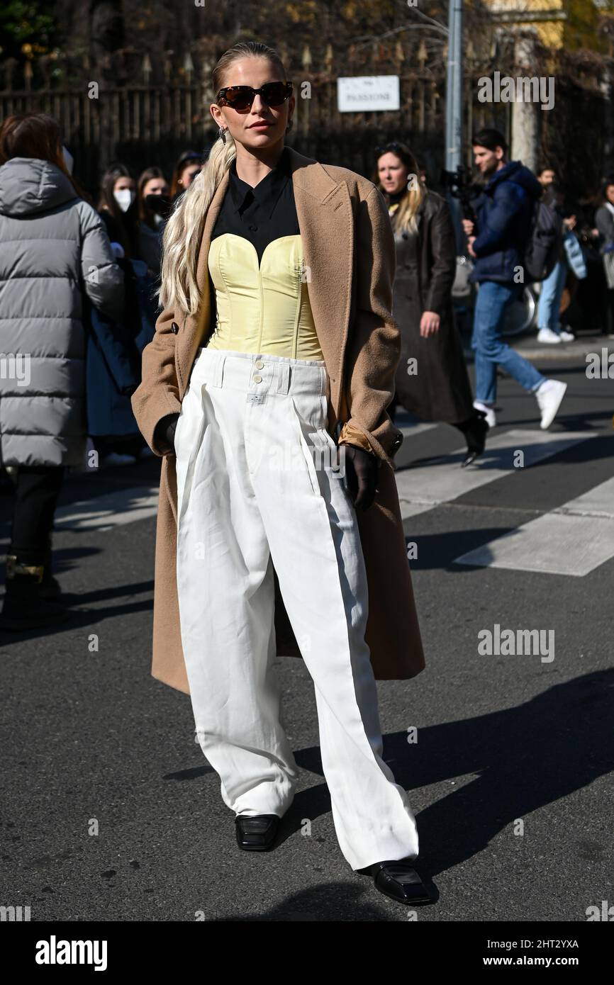 Milan, Italy: February 25, 2022: a guest arrives at the Milan Fashion ...