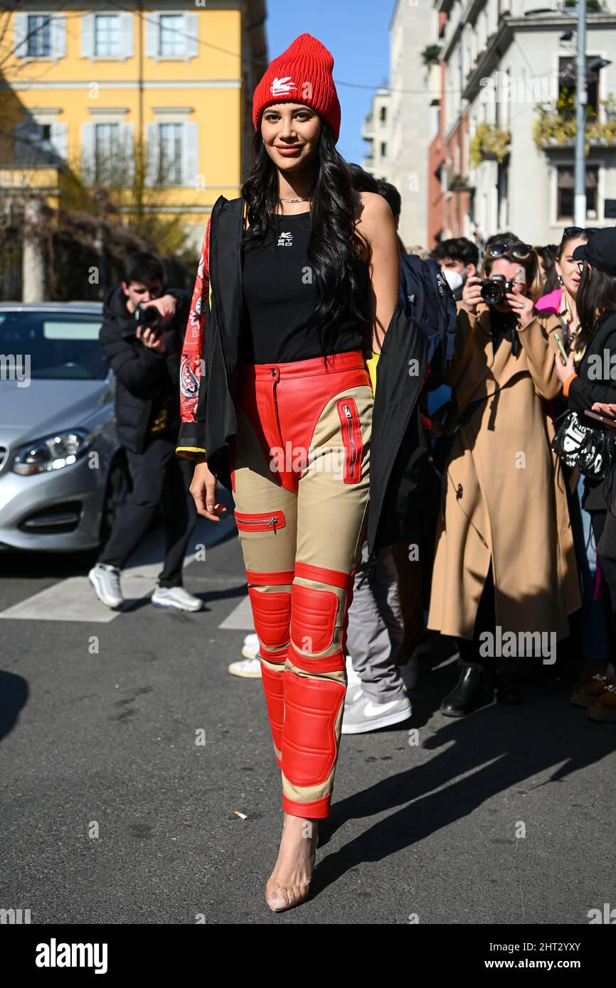 Milan, Italy: February 25, 2022: a guest arrives at the Milan Fashion ...