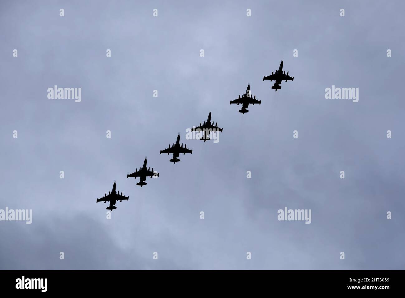 Black silhouettes of six Russian military tactical frontline bombers SU ...