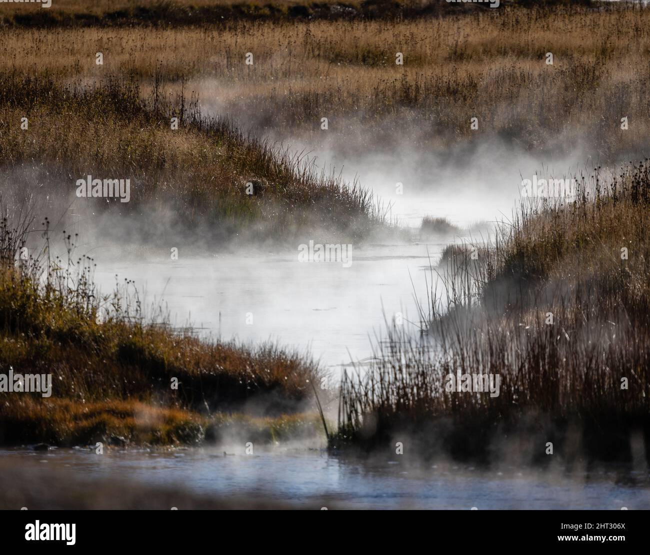 Bendy river with steam coming through a field Stock Photo - Alamy