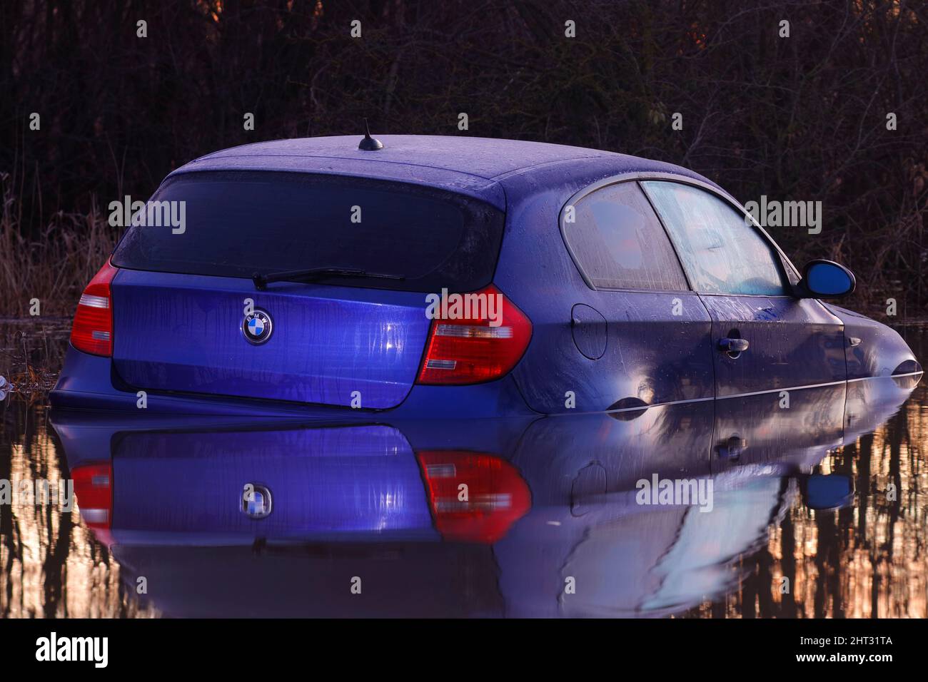 Reflections of a BMW submerged in water on Newton Lane near Castleford ...