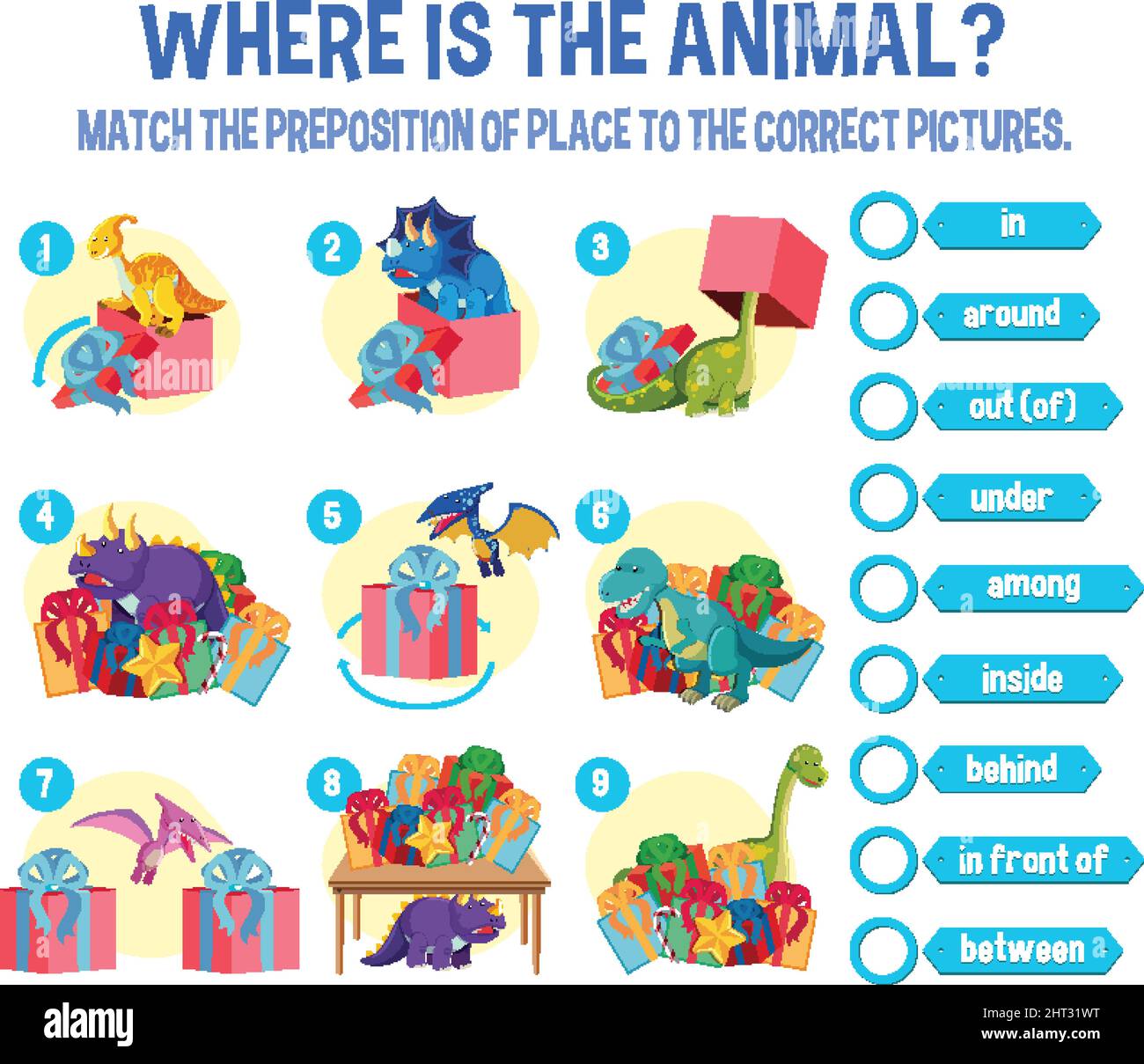 Preposition wordcard with dinosaur and present illustration Stock ...