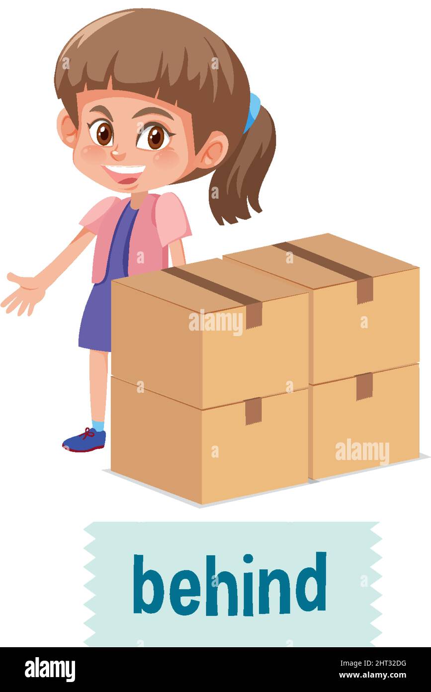 Preposition Of Place With Cartoon Girl And A Box Illustration Stock